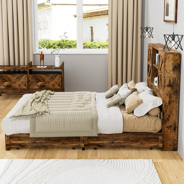 Millwood Pines Athie Bed Frame with Sliding Barn Door Bookcase Headboard & 4 Storage Drawers ...